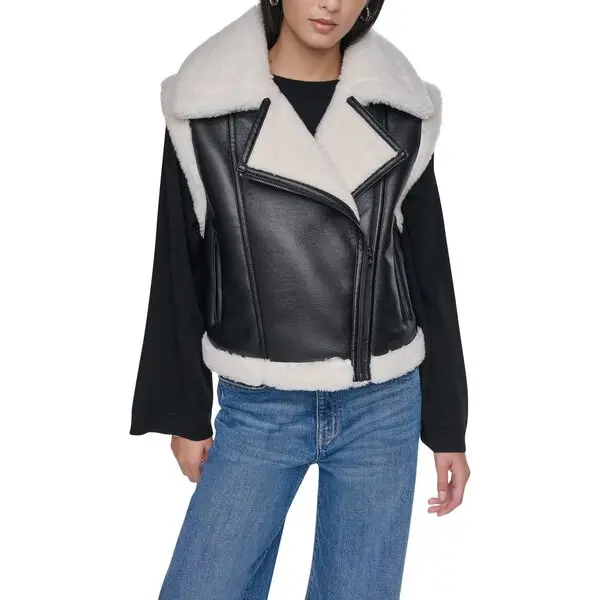 Dkny Patchwork Faux Fur Long Vest - Black/ivy