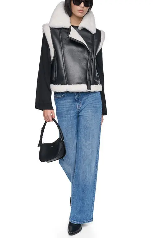 Dkny Patchwork Faux Fur Long Vest - Black/ivy