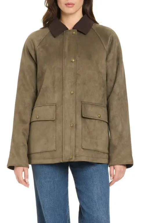 Vince Camuto Cord Collar Faux Suede Barn Jacket - Olive