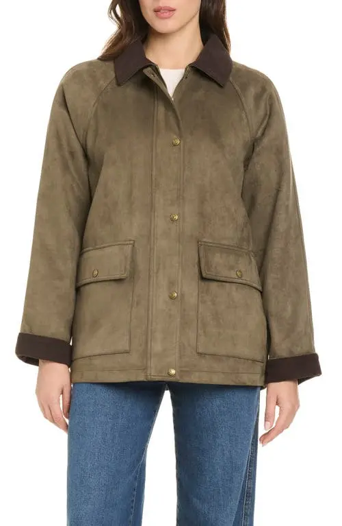 Vince Camuto Cord Collar Faux Suede Barn Jacket - Olive