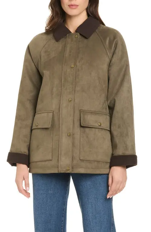 Vince Camuto Cord Collar Faux Suede Barn Jacket - Olive