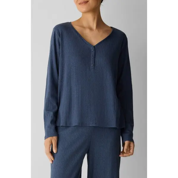 Eileen Fisher V-neck Organic Cotton Henley - Blueberry