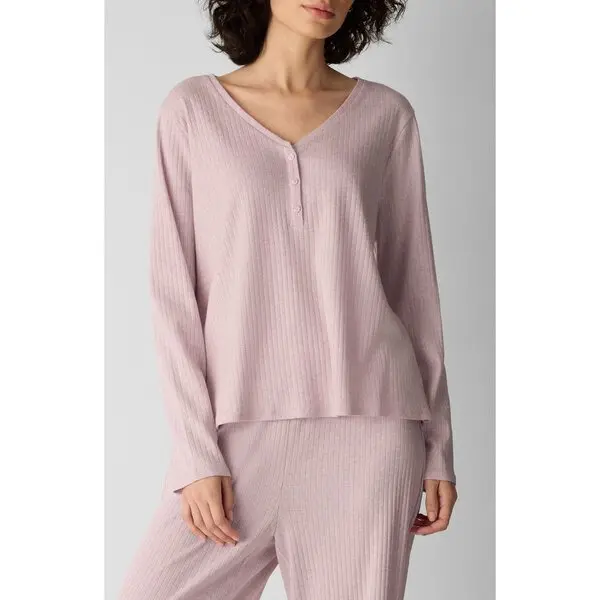 Eileen Fisher Organic Cotton Ribbed Henley Long Sleeve Top - Pearlescent