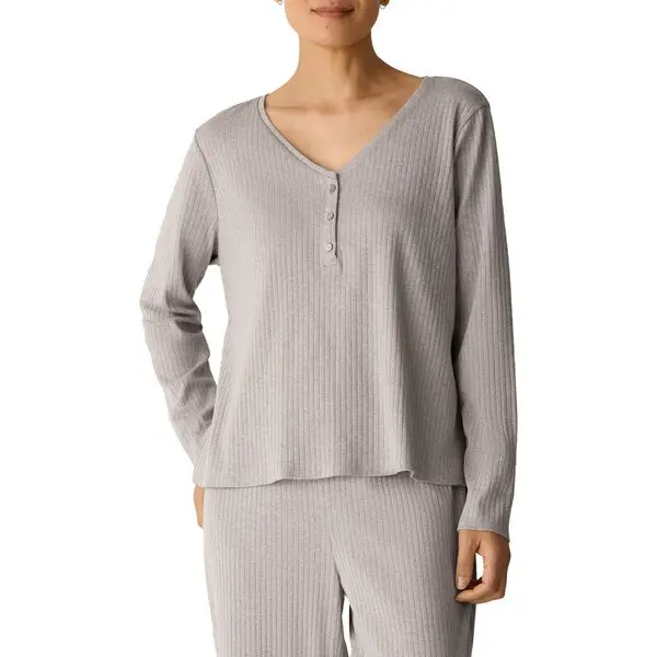 Eileen Fisher Organic Cotton Ribbed Henley Long Sleeve Top - Twine