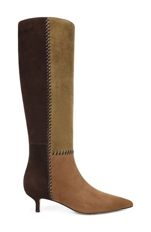 Veronica Beard Lisa Whipstitch Pointed Toe Kitten Heel Knee High Boots - Chestnut/fennel/espresso