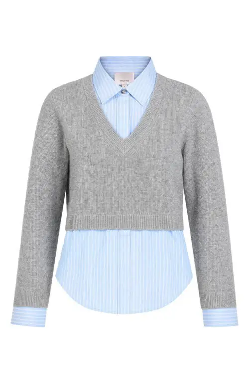 Cinq À Sept Renna Prelayered Cashmere Sweater & Stripe Button-up Shirt - Heather Grey