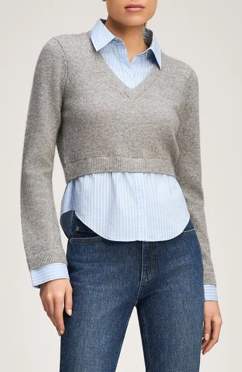 Cinq À Sept Renna Layered Cashmere V-neck Sweater And Striped Shirt - Heather Grey