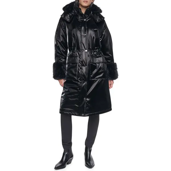 Dkny Faux Fur Cuff Nylon Velvet Puffer Coat - Black