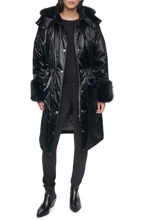 Dkny Faux Fur Cuff Nylon Velvet Puffer Coat