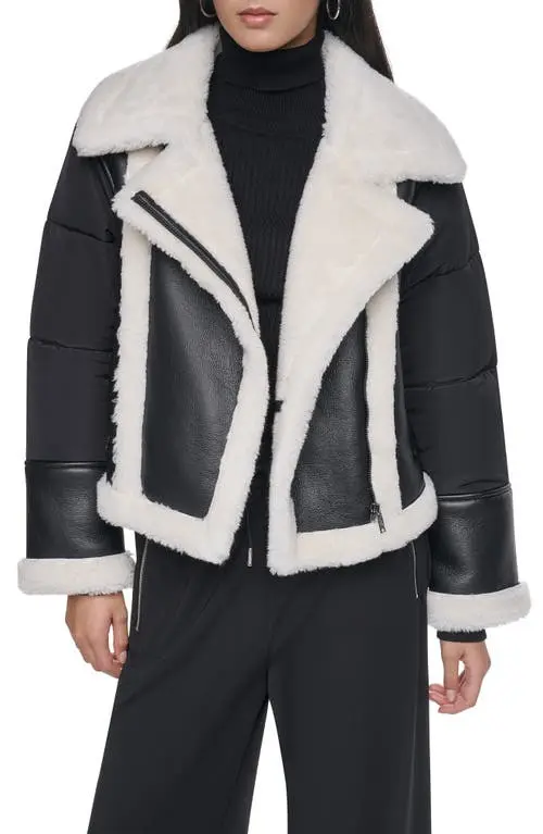 Dkny Faux Shearling Moto Jacket With Quilted Puffer Sleeves - Blk/ivory