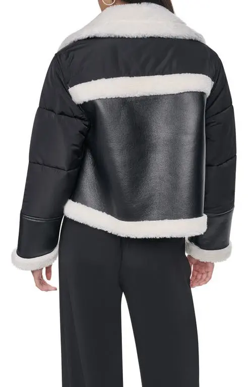 Dkny Faux Shearling Moto Jacket With Quilted Puffer Sleeves - Blk/ivory