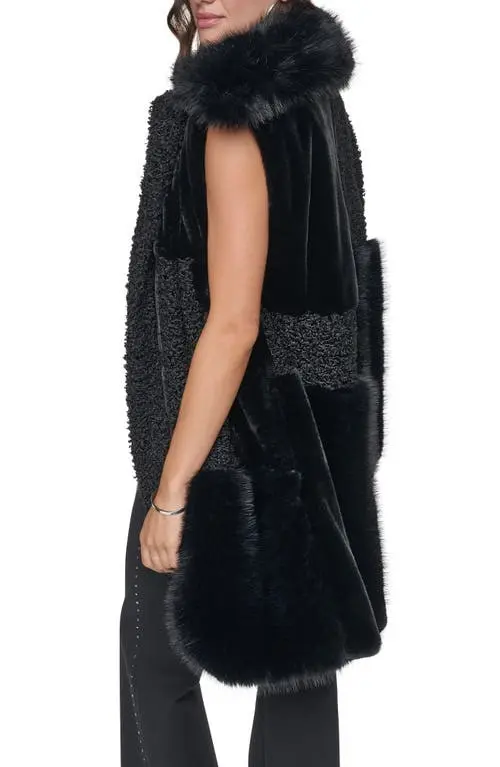Dkny Patchwork Faux Fur Long Vest With Hood