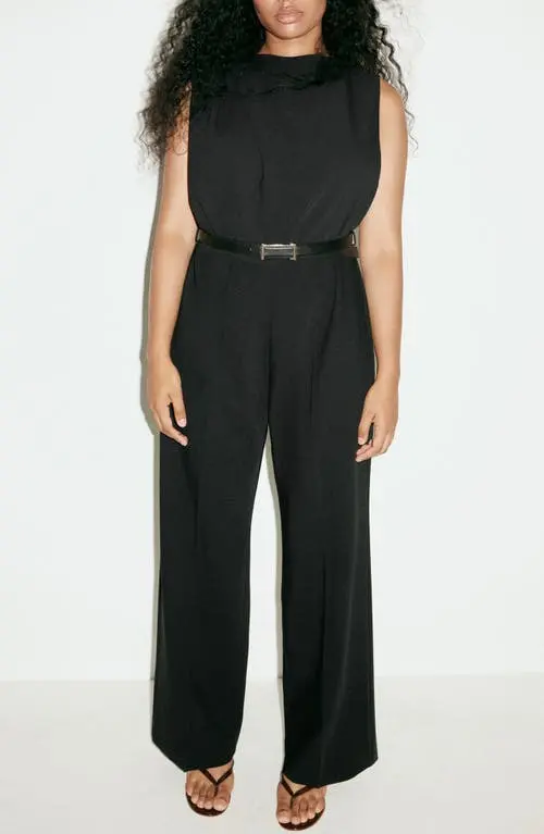 Mango Sleeveless Belted Jumpsuit With Boatneck And Hidden Back-zip Closure - Black