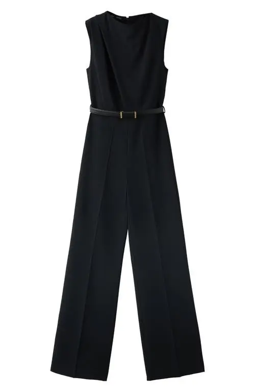 Mango Sleeveless Belted Jumpsuit With Boatneck And Hidden Back-zip Closure - Black
