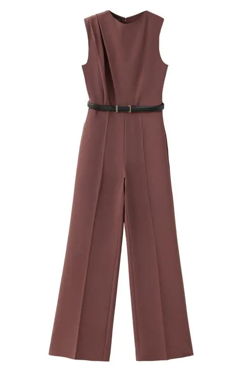 Mango Sleeveless Belted Jumpsuit With Boatneck And Hidden Back-zip Closure - Brown