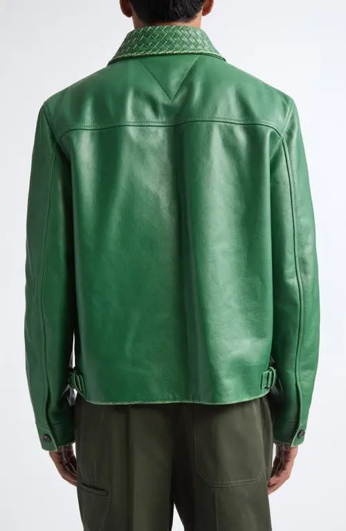Bottega Veneta Vintage Effect Intrecciato Collar Leather Jacket