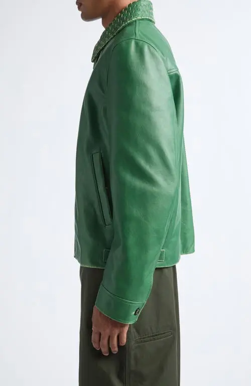 Bottega Veneta Vintage Effect Intrecciato Collar Leather Jacket
