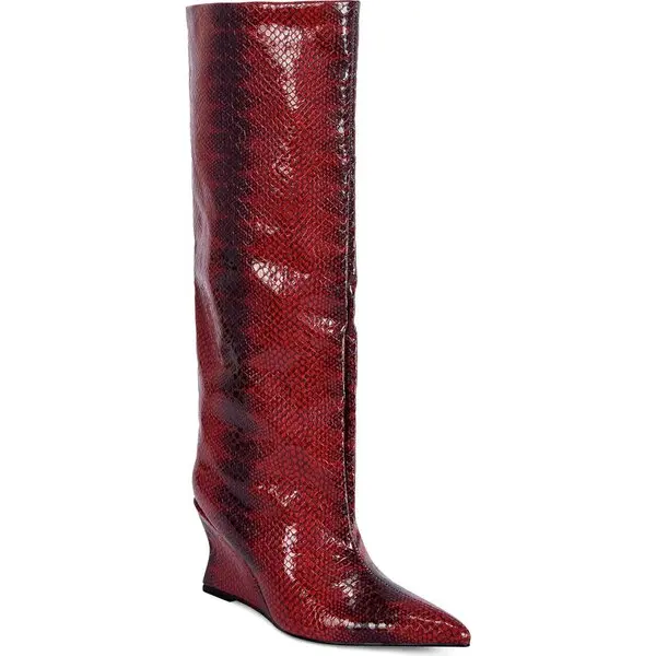 AZALEA WANG Brun Faux Snakeskin Knee High Wedge Boot