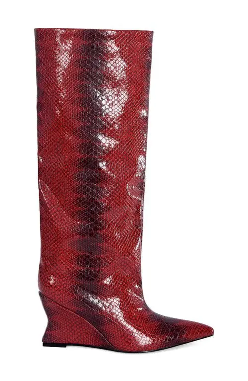 AZALEA WANG Brun Faux Snakeskin Knee High Wedge Boot