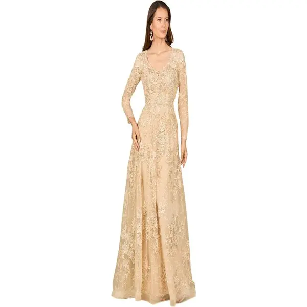 LARA NEW YORK Lace Ballgown With Long Sleeves - Champagne