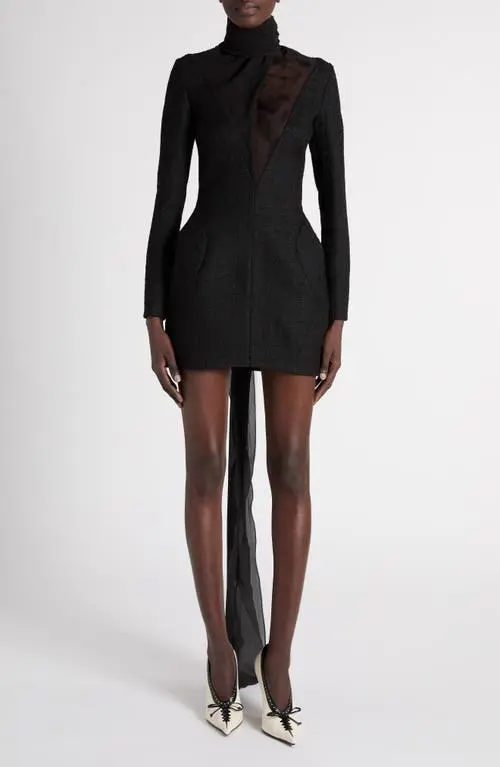 Alexander McQueen Long Sleeve Stretch Wool & Mohair Light Tweed Evening Minidress - Black