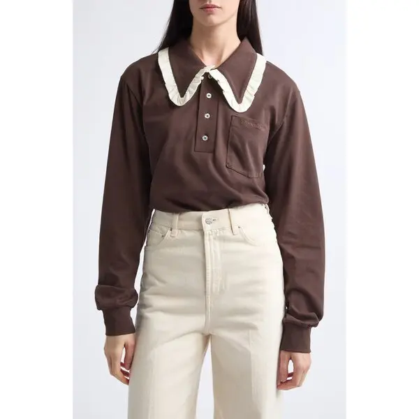 TANNER FLETCHER Long Sleeve Cotton Top With Ruffle Collar - Brown