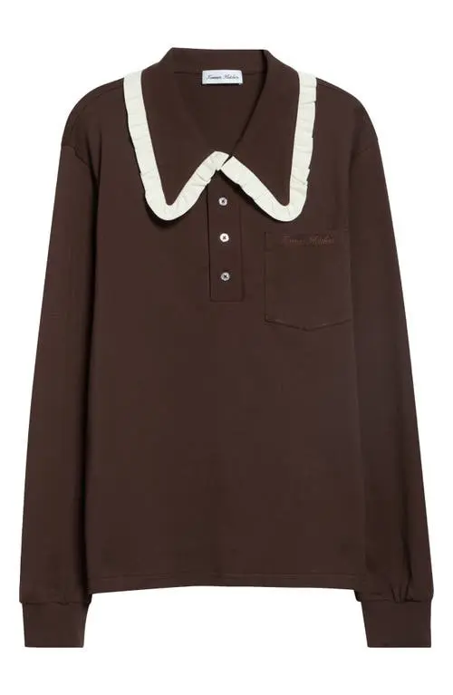 TANNER FLETCHER Long Sleeve Cotton Top With Ruffle Collar