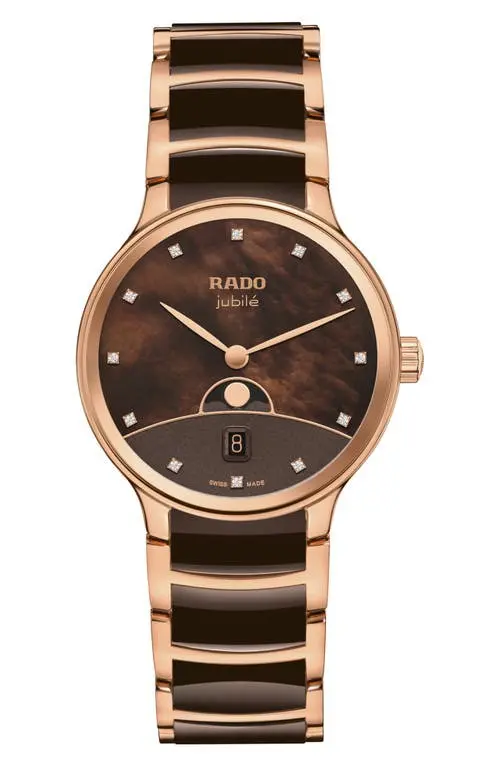 RADO Centrix Diamond Mother Of Pearl Moon Phase Bracelet Watch - Brown Mop
