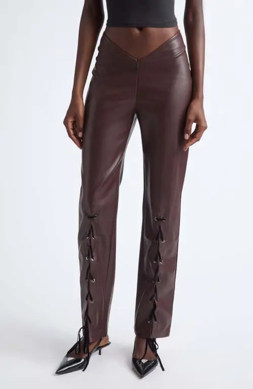 KIM SHUI Faux Leather V-cut Waist Pants With Velvet Lacing - Dark Brown