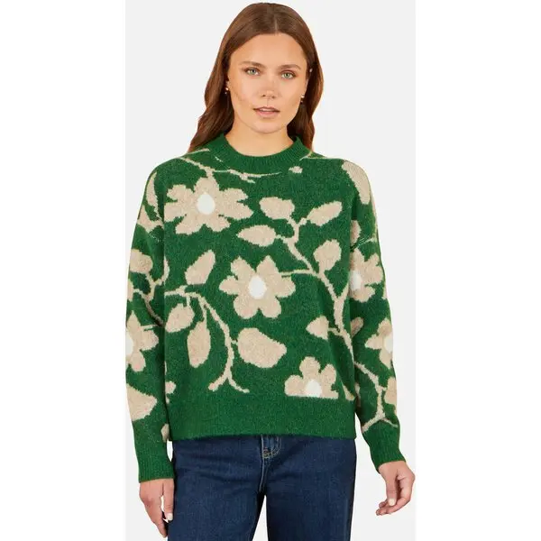 YUMI Floral Intarsia Relaxed Fit Jumper - Green