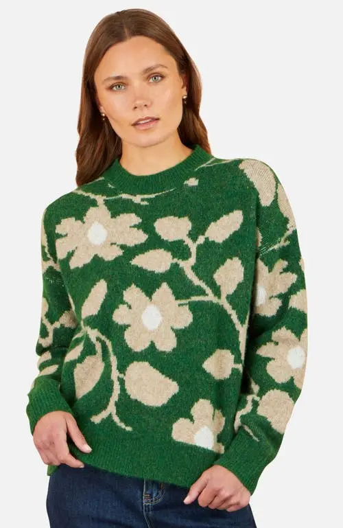 YUMI Floral Intarsia Relaxed Fit Jumper - Green