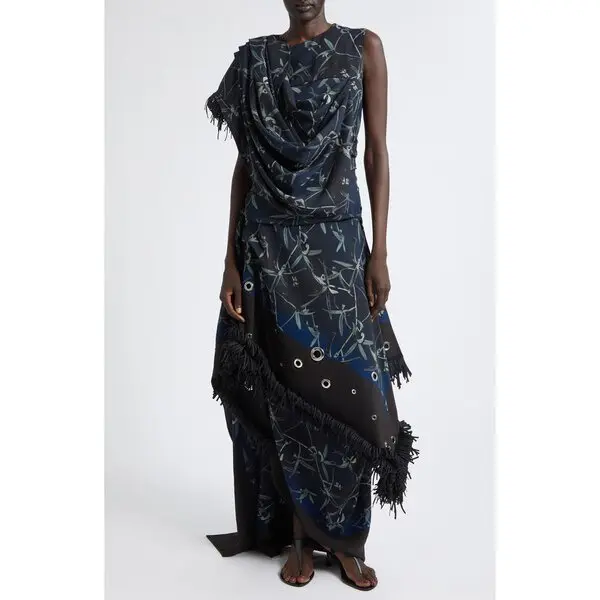 Proenza Schouler Bodine Asymmetric Fringe Cowl Neck Dress - Ink Multi