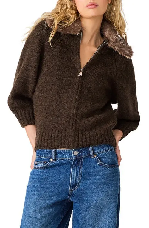 Steve Madden Odessa Faux Fur Collar Zip Sweater - Dark Espresso