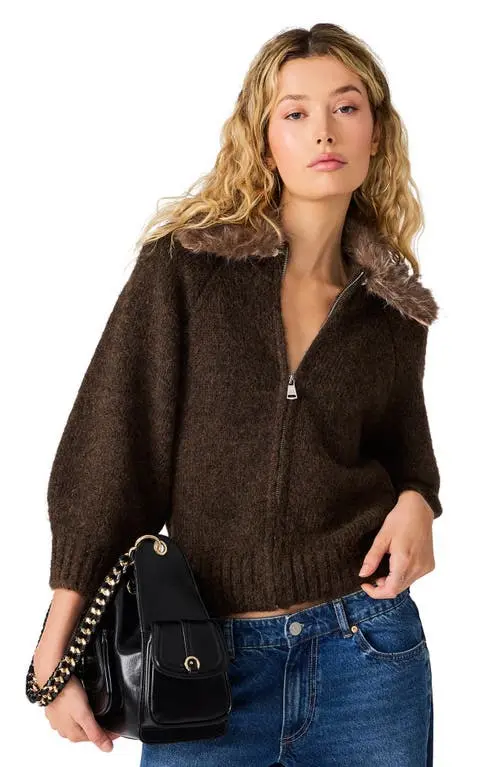 Steve Madden Odessa Faux Fur Collar Zip Sweater
