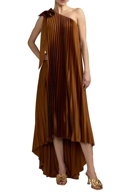 Mac Duggal One-shoulder Pleated High-low Gown With Statement Bow
