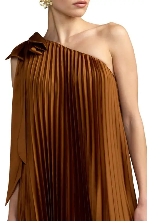 Mac Duggal One-shoulder Pleated High-low Gown With Statement Bow