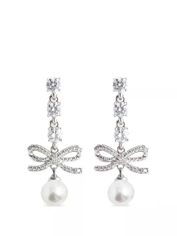 SELF-PORTRAIT Bow Motif Crystal Embellished Faux Pearl Drop Earrings - Silver
