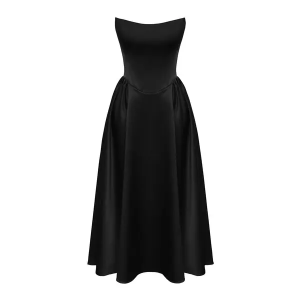 POST MERIDIEM Tuck Corset Top Midi Dress - Black