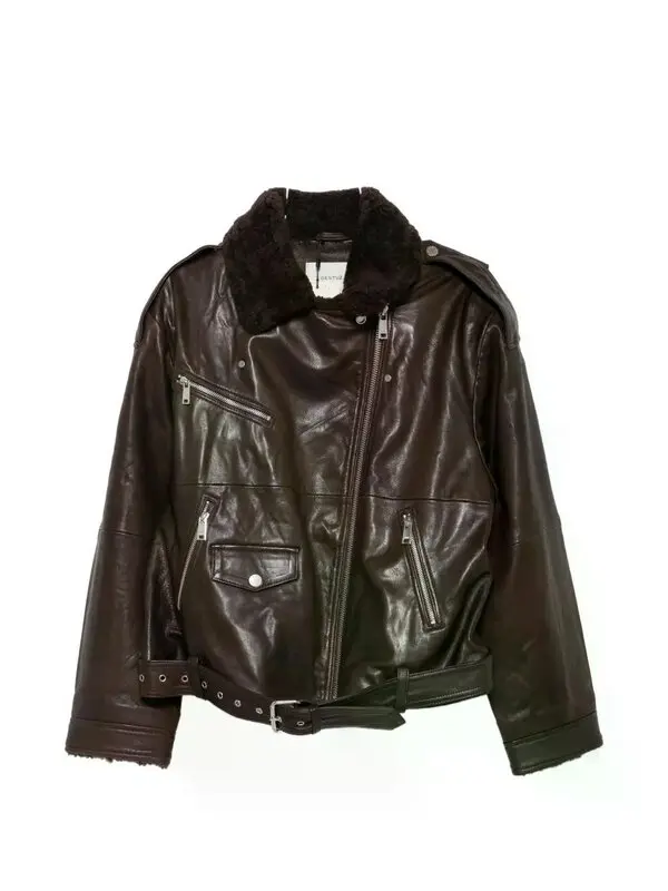 GESTUZ Belted Shearling Collar Leather Jacket - Brown