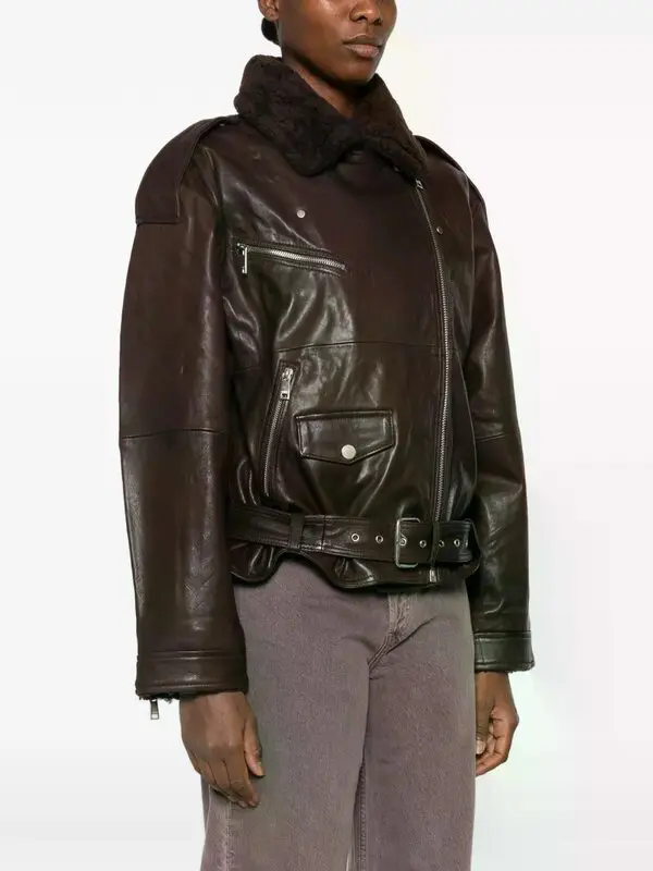 GESTUZ Belted Shearling Collar Leather Jacket