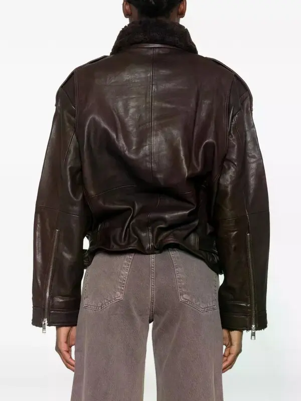 GESTUZ Belted Shearling Collar Leather Jacket