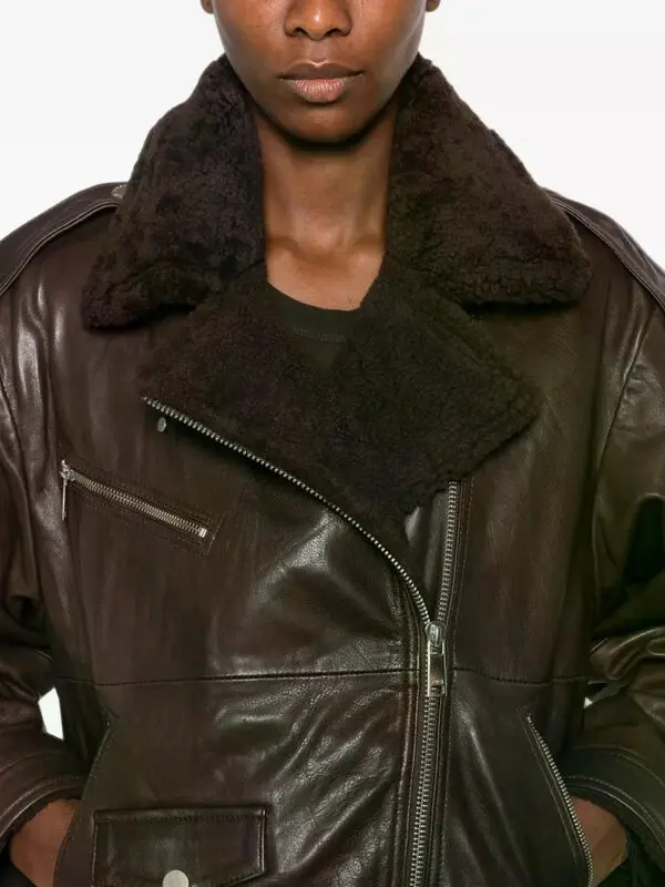 GESTUZ Belted Shearling Collar Leather Jacket