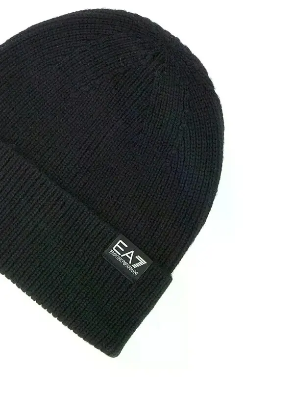 EA7 Ribbed Knit Beanie Hat With Logo Patch - Black