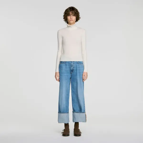 Sandro Ruffled Turtleneck Wool Sweater - Ecru