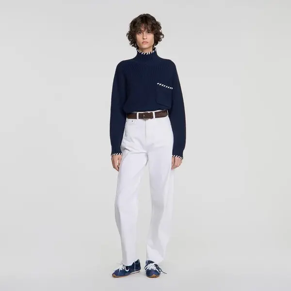 Sandro Wool Jumper With Braided Details - Navy Blue