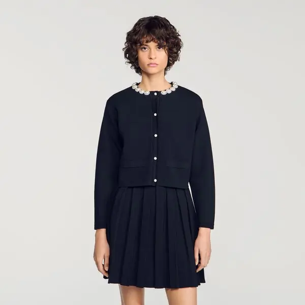 Sandro Cardigan With Pearl Flower Collar