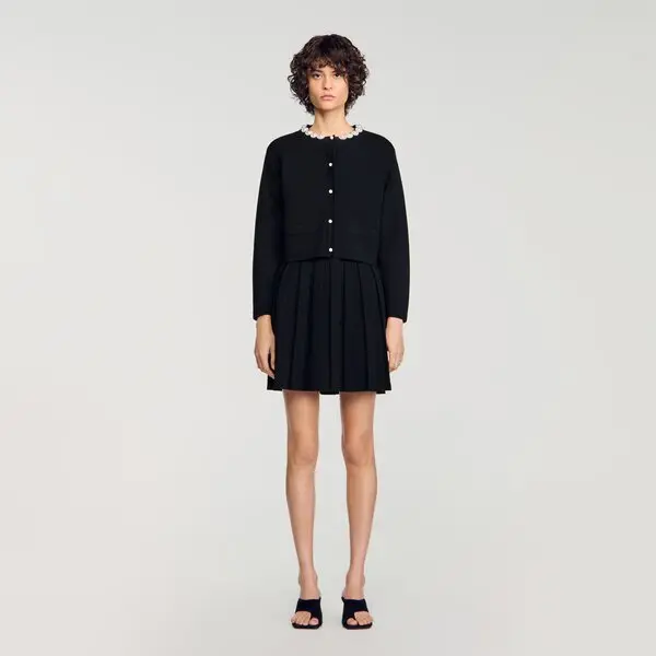 Sandro Cropped Cardigan With Pearl Flower Collar