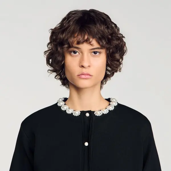 Sandro Cropped Cardigan With Pearl Flower Collar