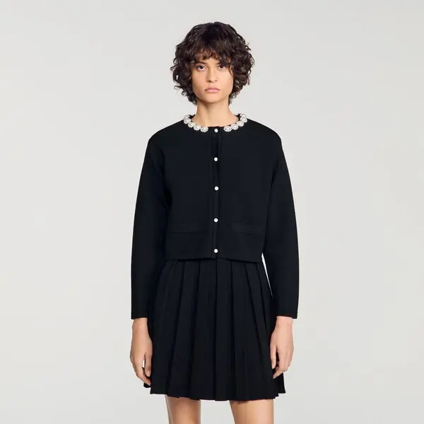 Sandro Cropped Cardigan With Pearl Flower Collar