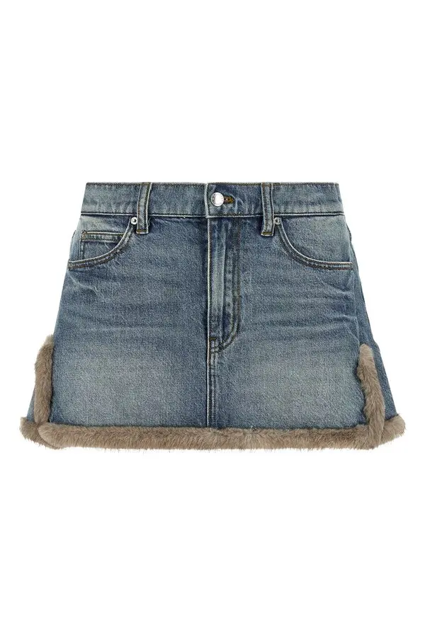 DENIM X ALEXANDER WANG Denim Skirt With Fur Hem - Blue